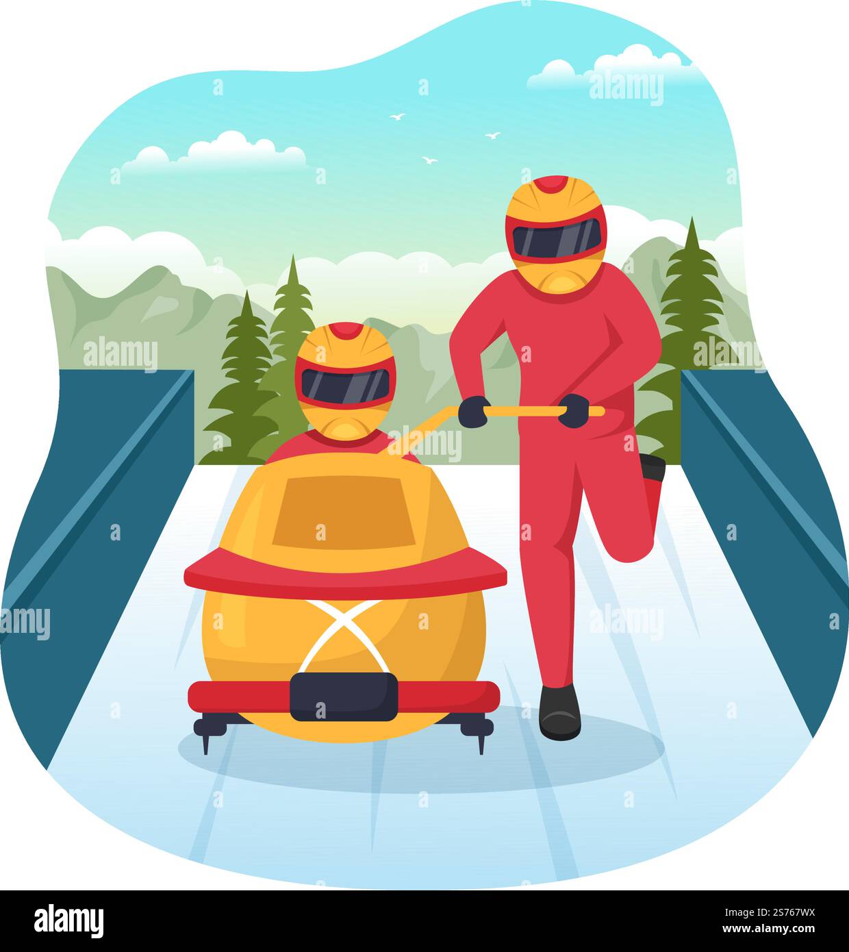 Athlete Riding Sled Bobsleigh Illustration with Snow, Ice and Bobsled ...