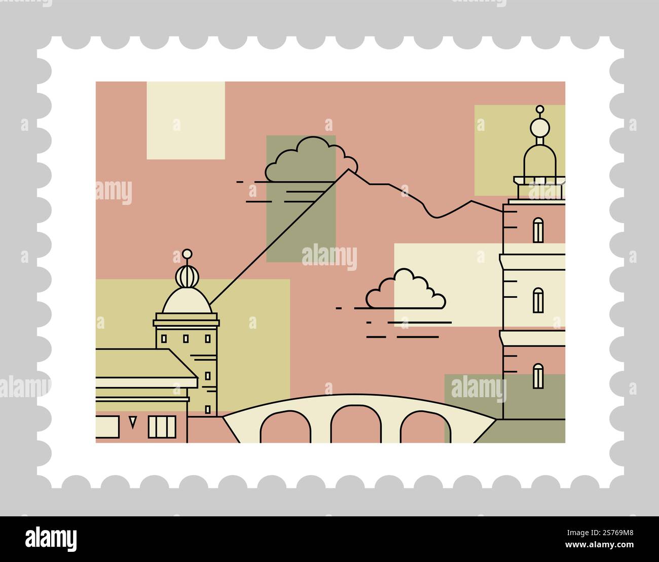 Postmark with Italian city landscape. Architecture and cityscape with ...