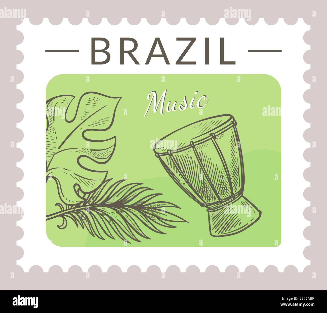 Postcard or postmark with musical instruments of Brazil. Drums and ...