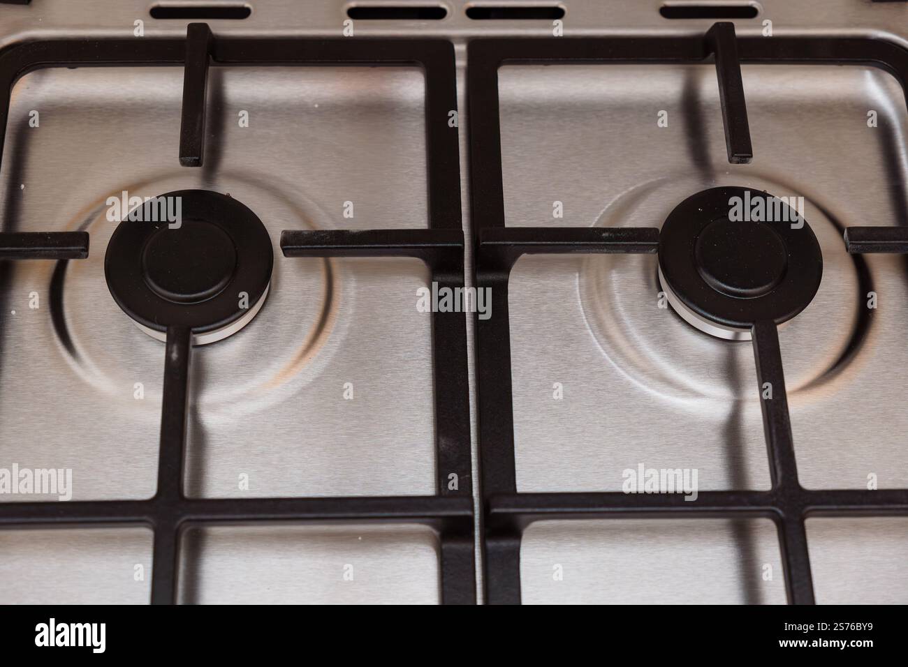 Modern Stainless Steel Gas Stove Cooktop with Black Burner Grates Stock ...