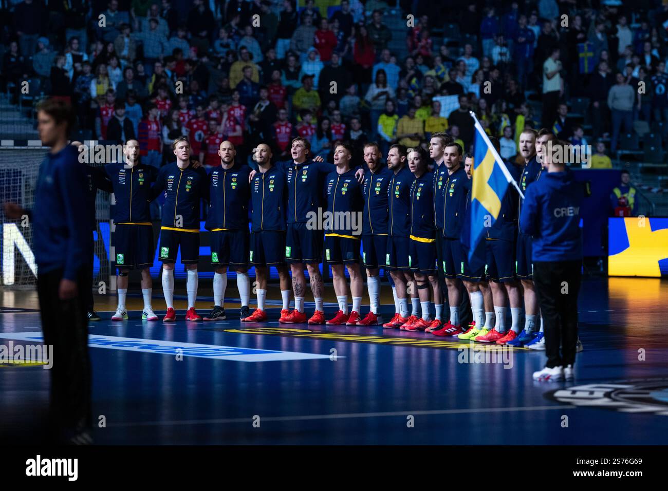 Players of, Sweden. , . during line-up ahead of the 2025 IHF World Men ...