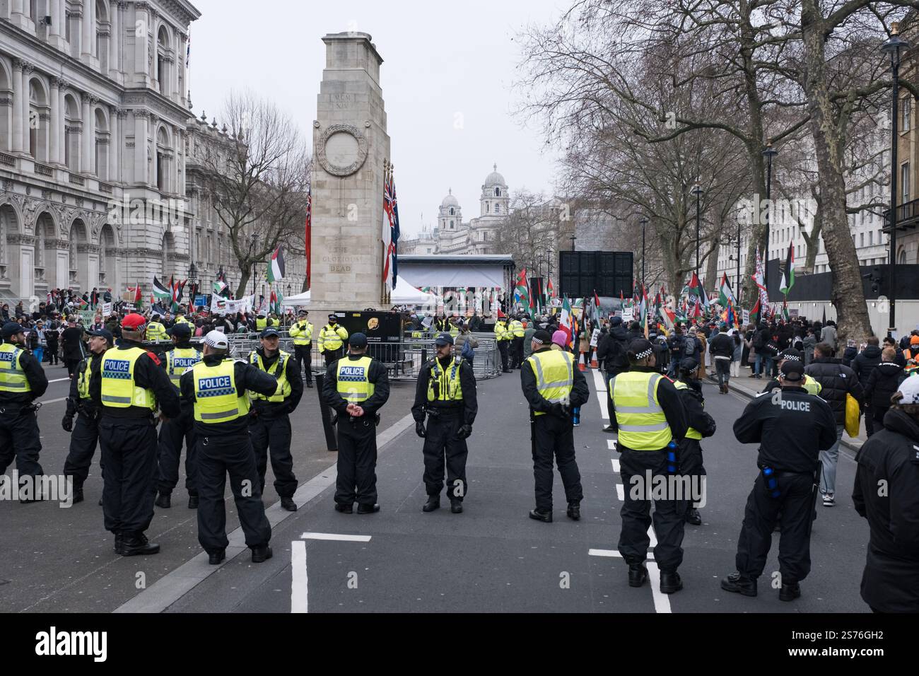 A police line is set up in Whitehall to prevent the pro-Palestine ...