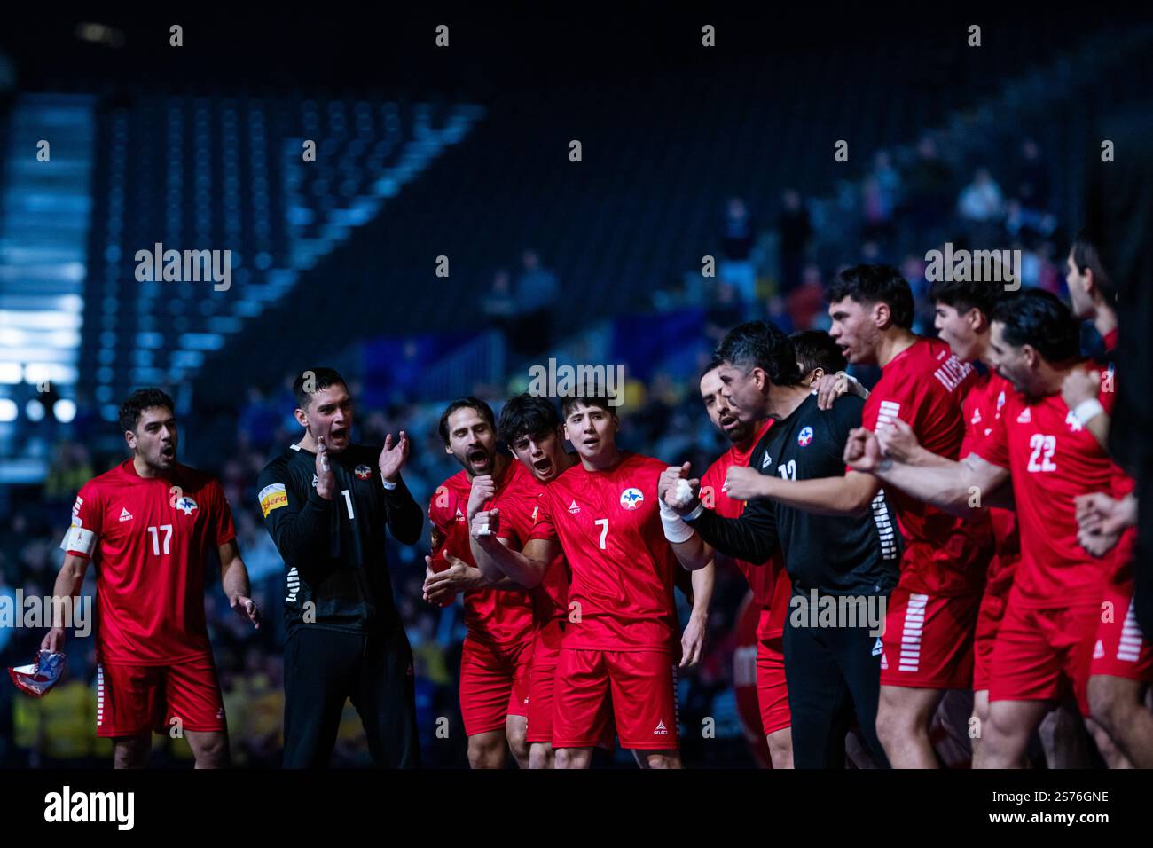 250118 Players of Chile during line-up ahead of the 2025 IHF World Men ...