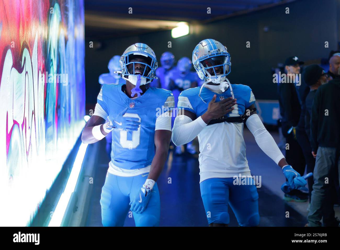 Detroit Lions cornerback Terrion Arnold (0) and safety Kerby Joseph (31 ...