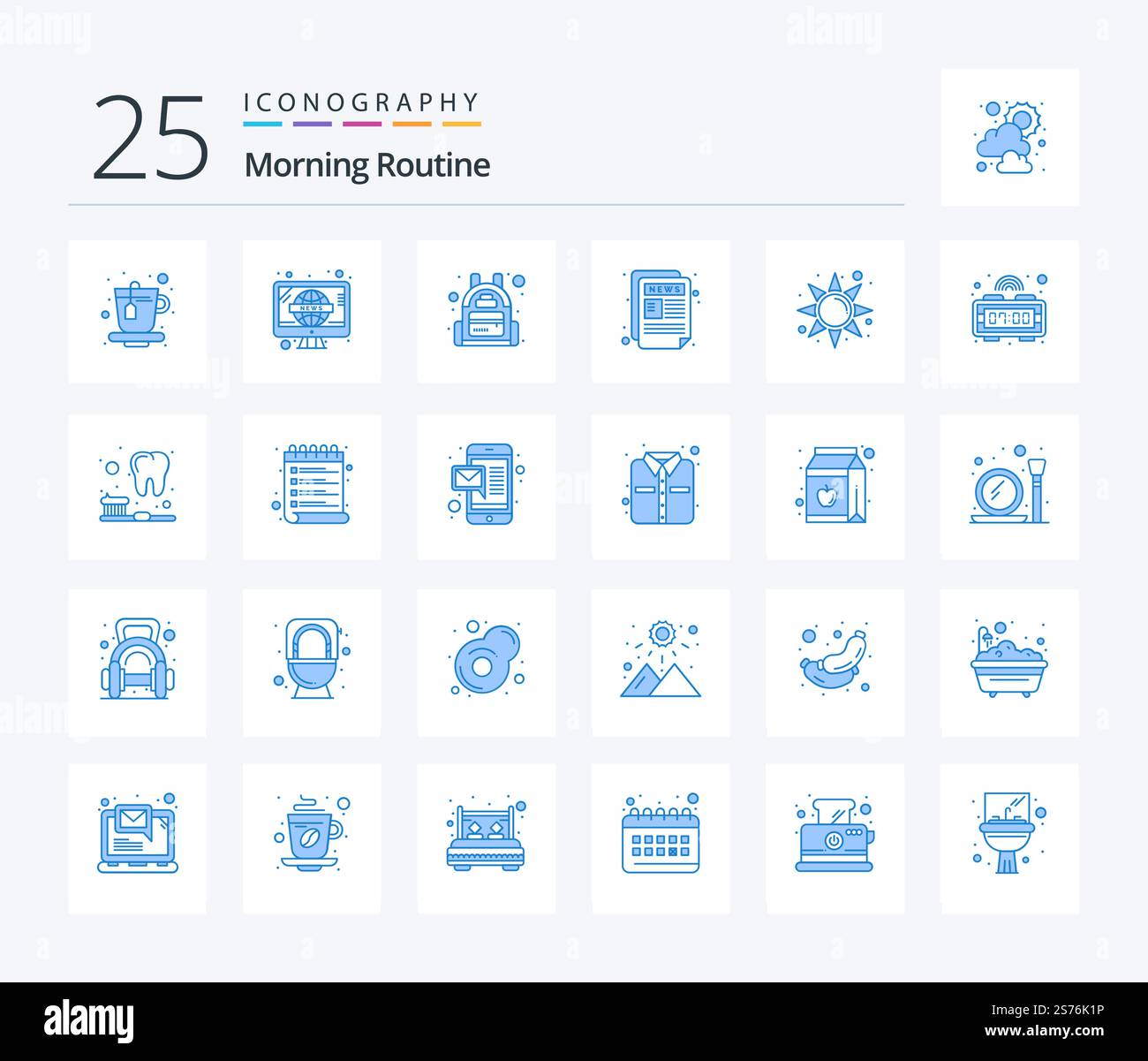 Morning Routine 25 Blue Color icon pack including alarm. rise. bag ...