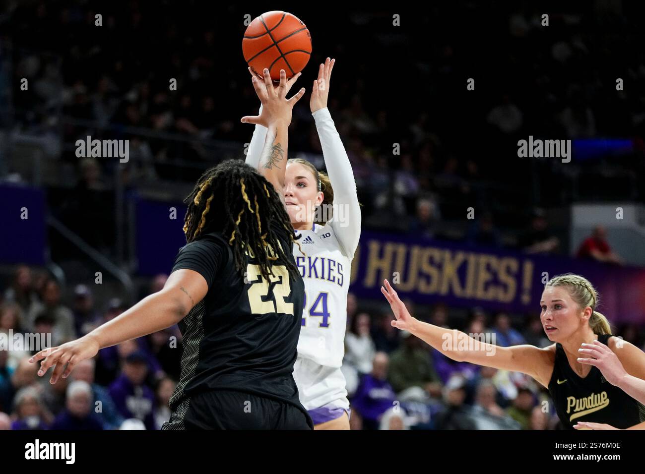 Washington guard Elle Ladine shoots against Purdue forward Kendall ...