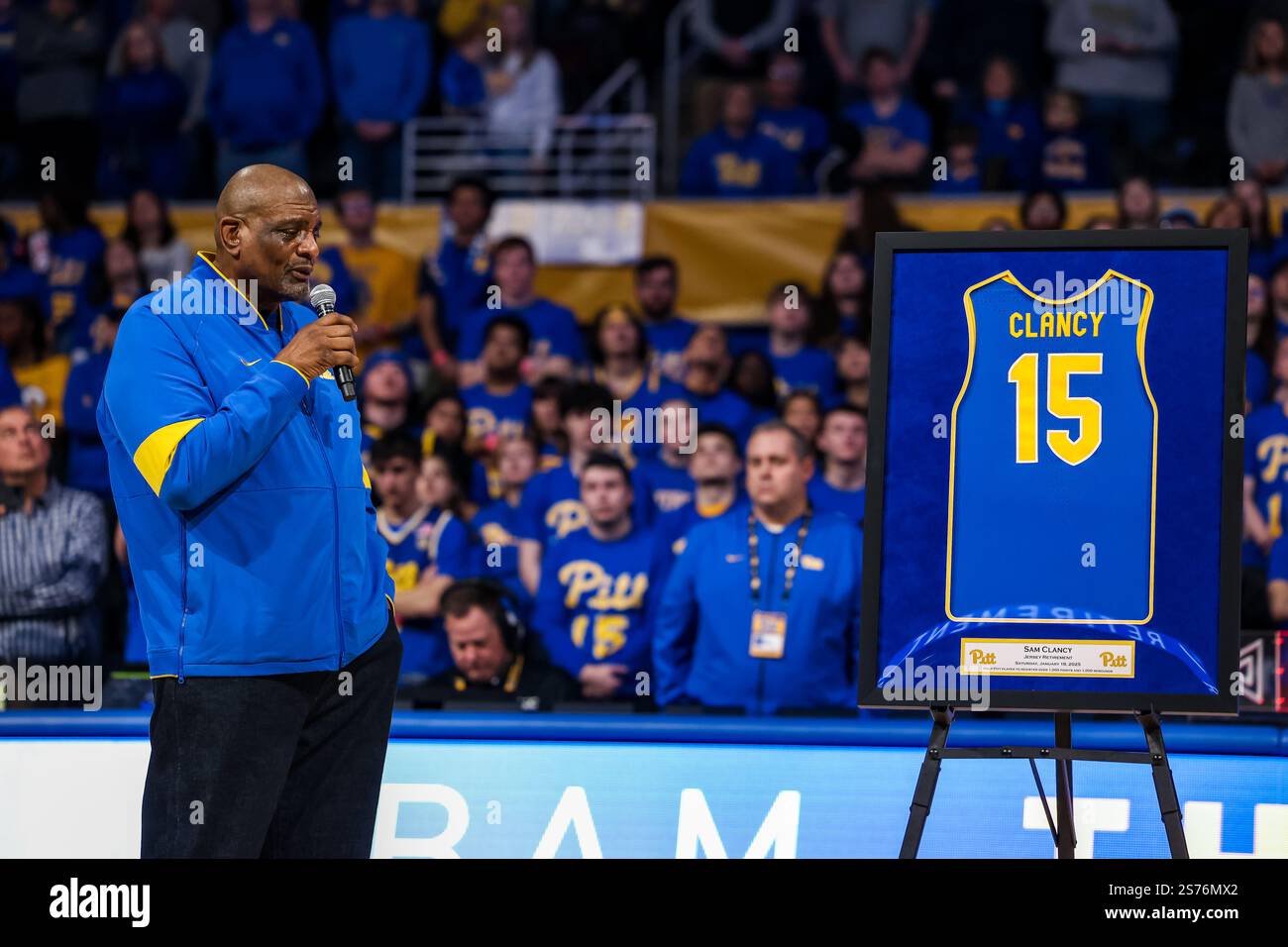 January 18, 2025: Sam Clancy speaks to the crowd during his jersey ...
