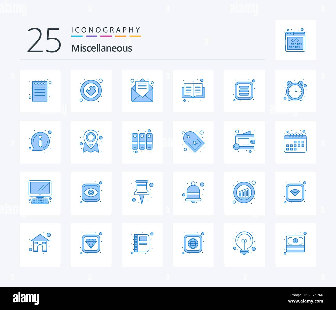 Miscellaneous 25 Blue Color icon pack including grid. open book. email ...