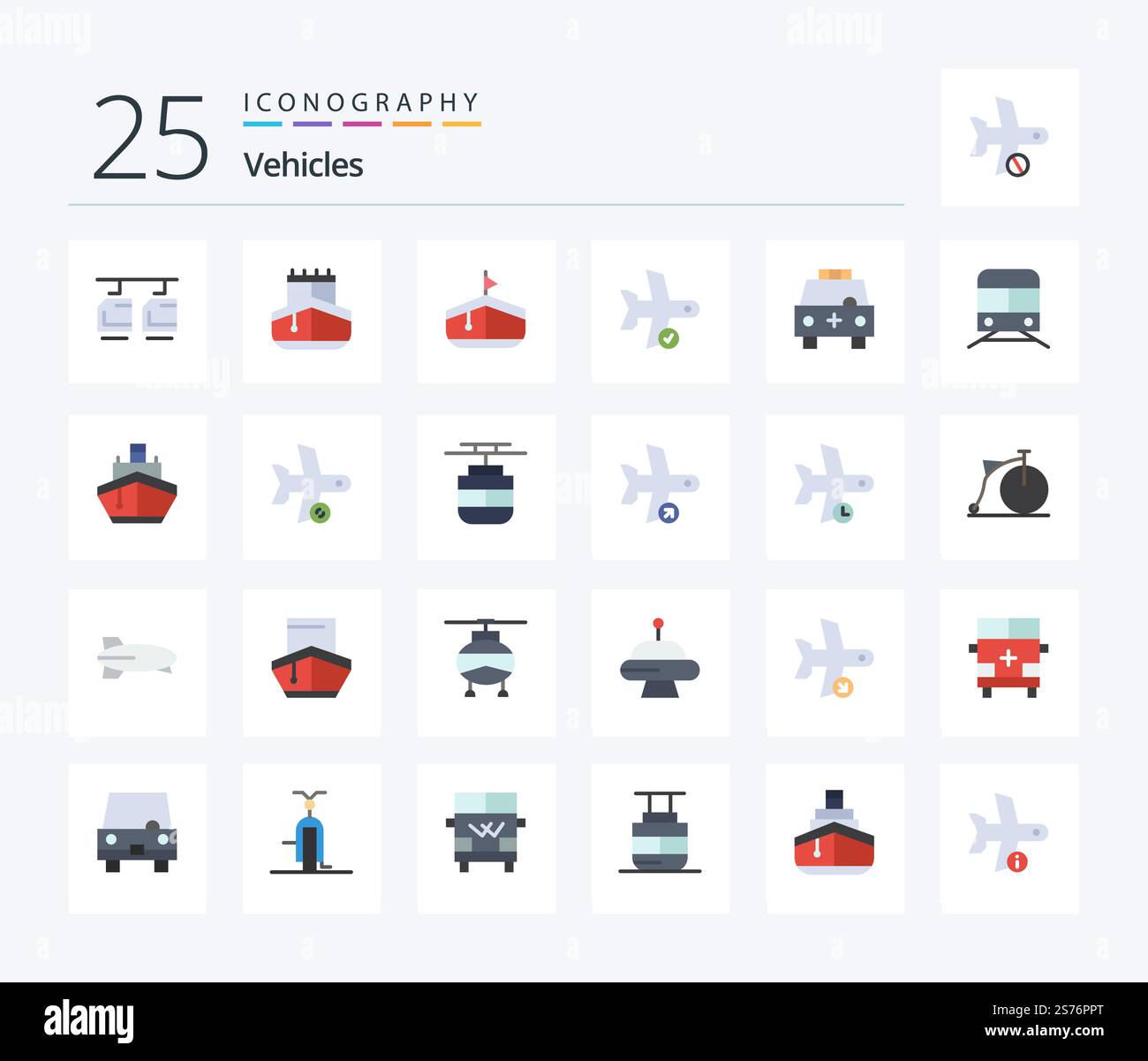 Vehicles 25 Flat Color icon pack including car. transportation. boat. transport. flight Stock ...