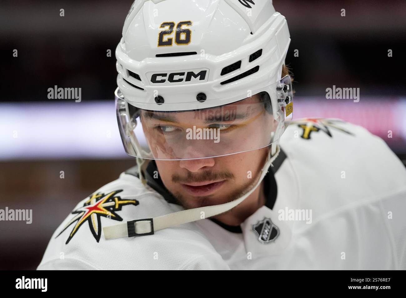 Vegas Golden Knights right wing Alexander Holtz (26) warms up before an ...
