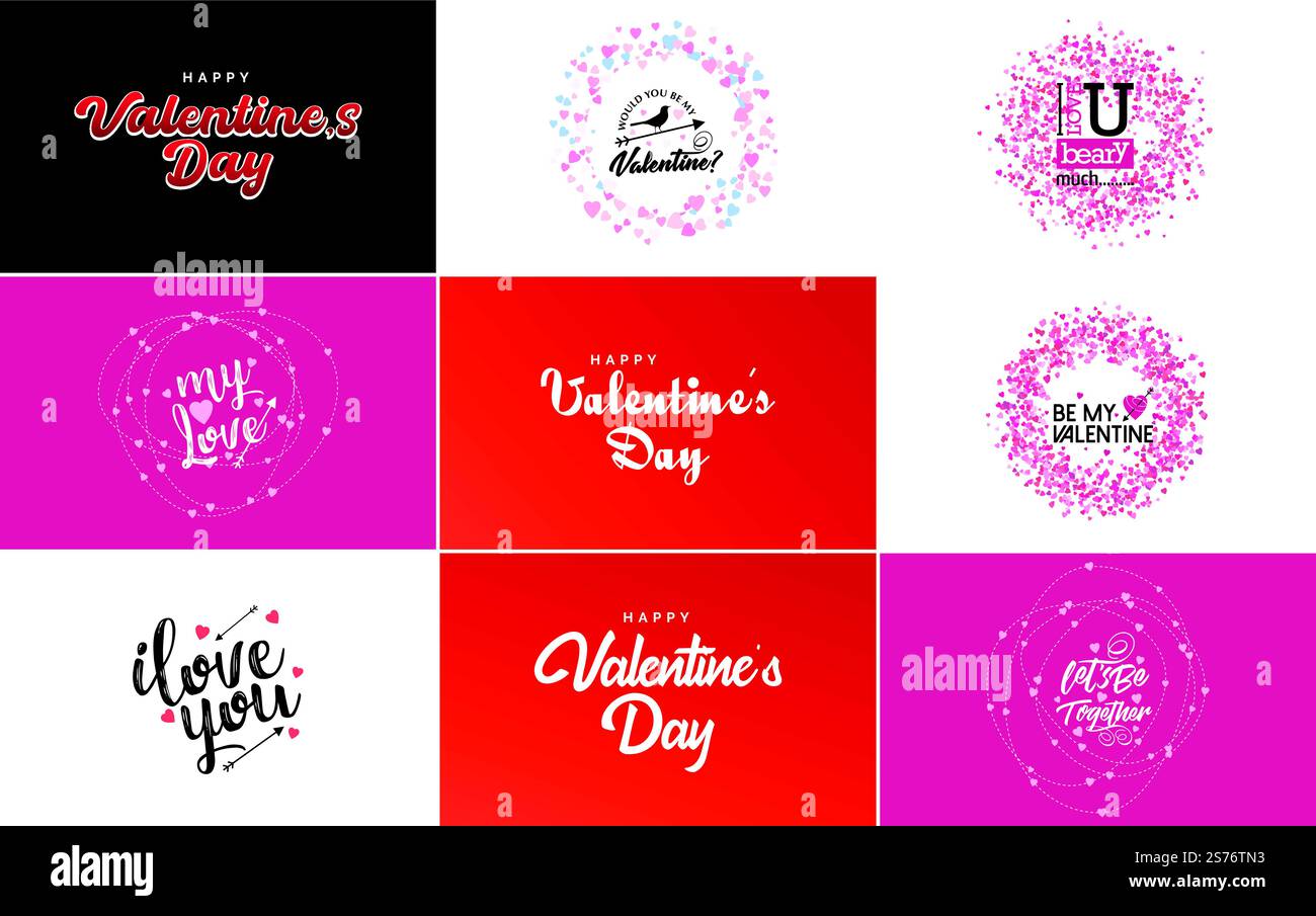 Hand-drawn black lettering Valentine’s Day and pink hearts on white ...