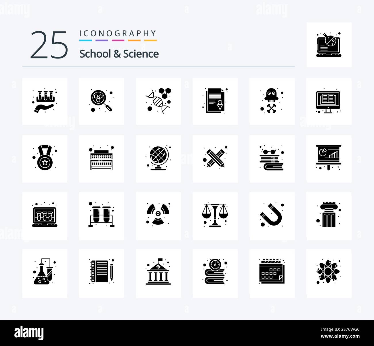 School And Science 25 Solid Glyph icon pack including death. task. dna ...
