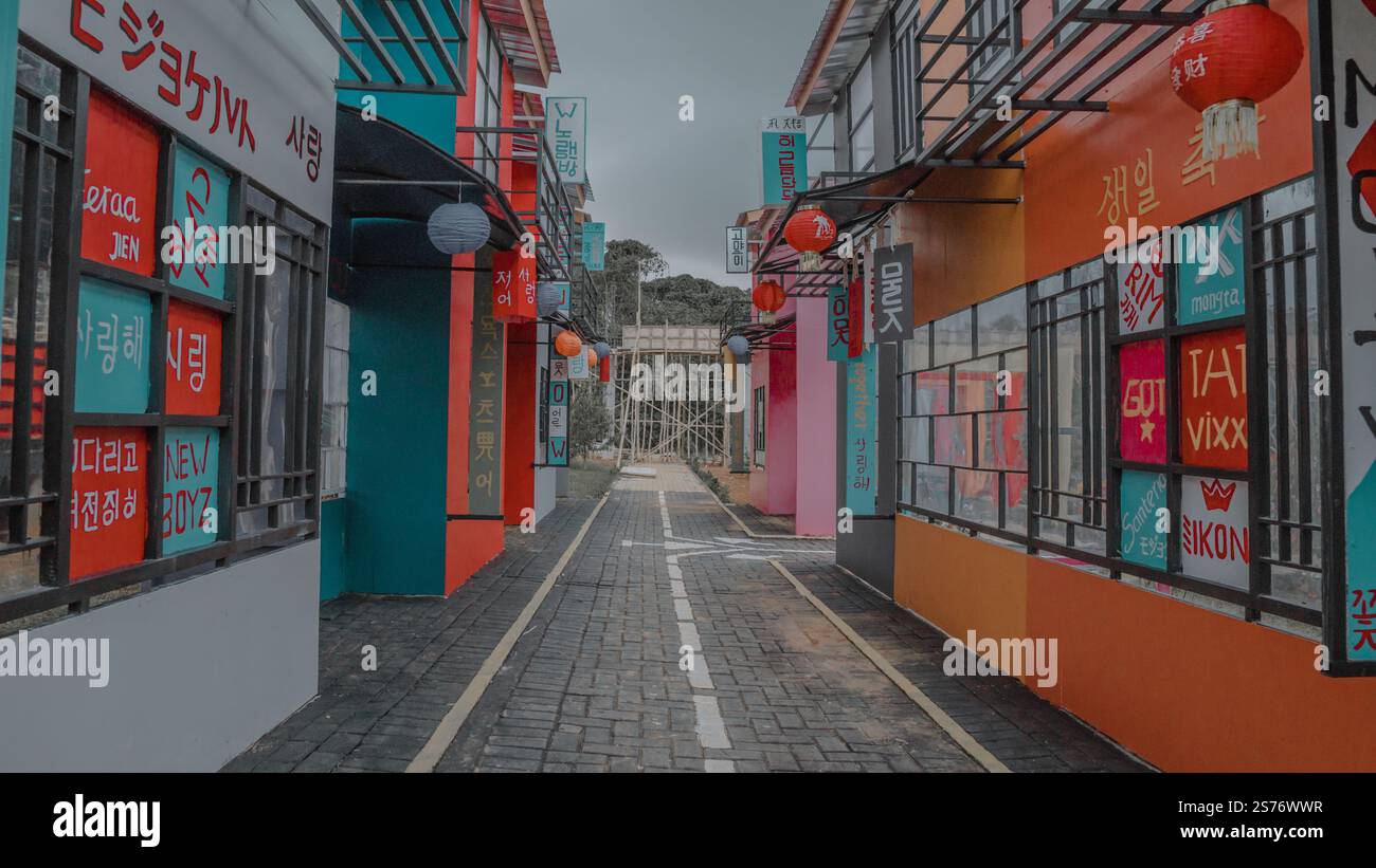 A colorful street with vibrant signs and lanterns, resembling a Korean ...