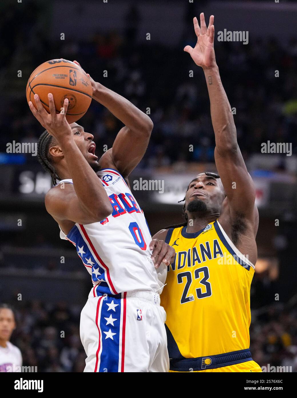 Philadelphia 76ers guard Tyrese Maxey (0) shoots over Indiana Pacers ...