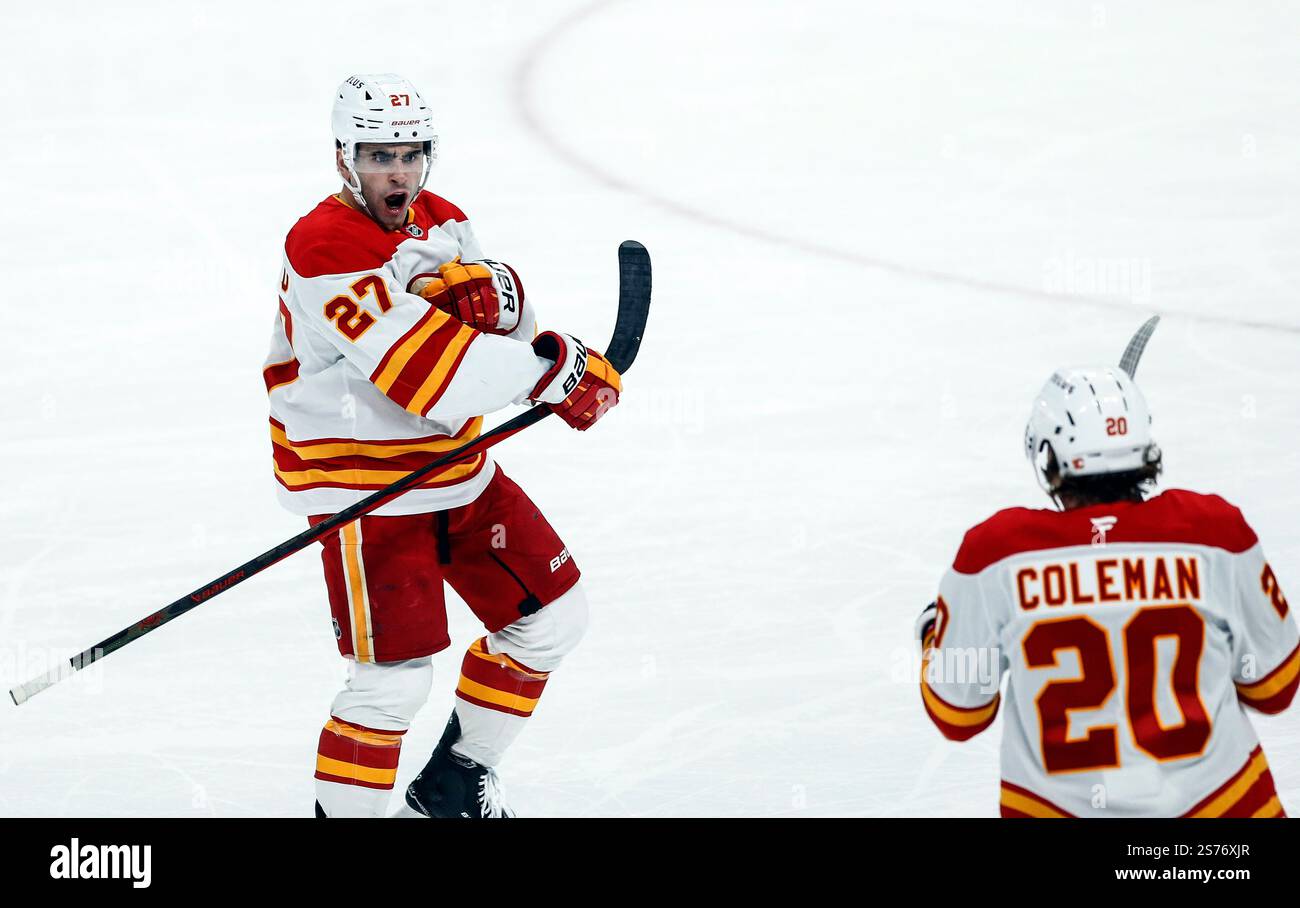 Calgary Flames' Matt Coronato (27) and Blake Coleman (20) celebrate ...