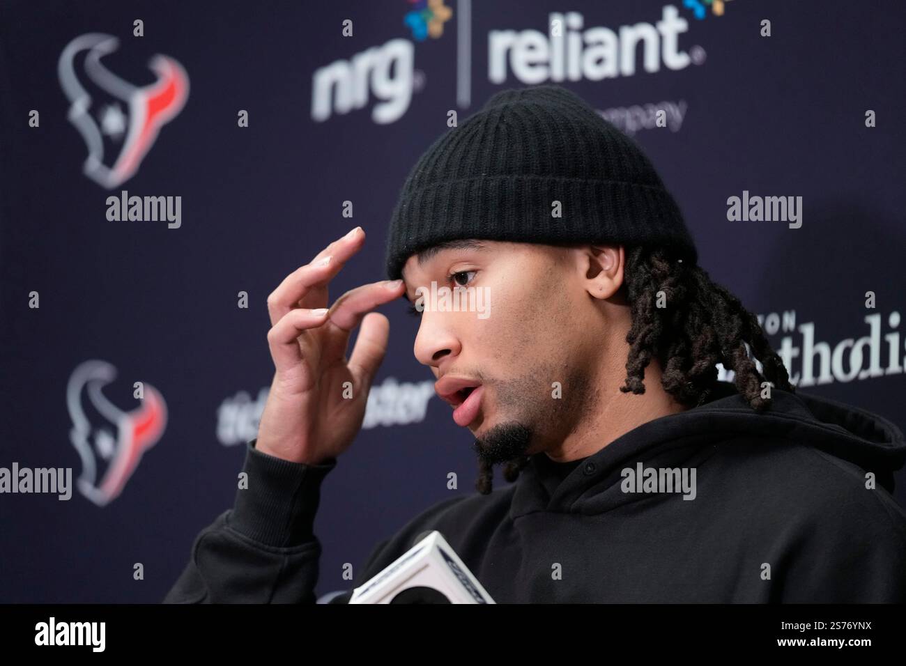 Houston Texans quarterback C.J. Stroud pauses during a news conference ...