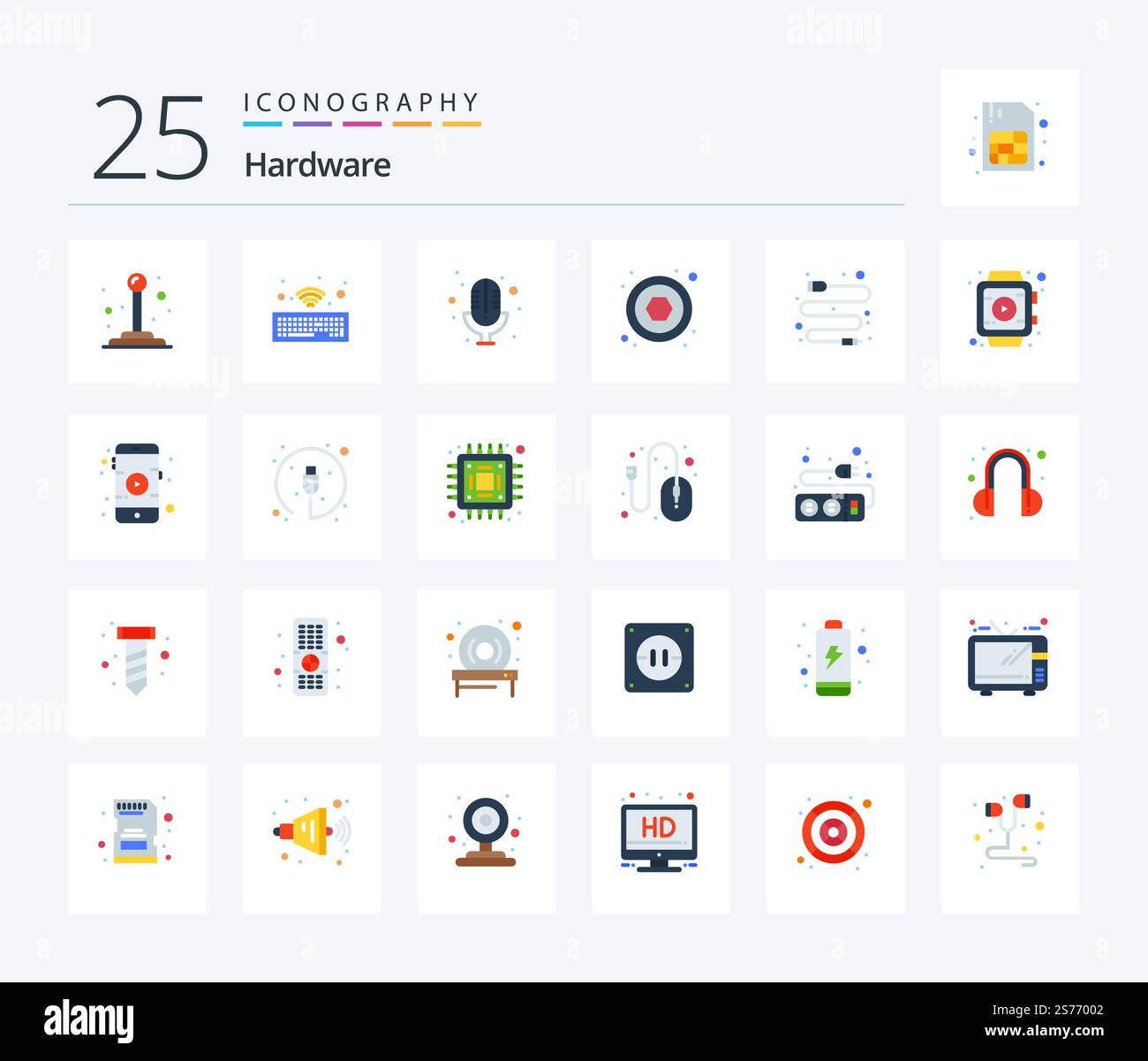 Hardware 25 Flat Color icon pack including watch. play. record. usb ...