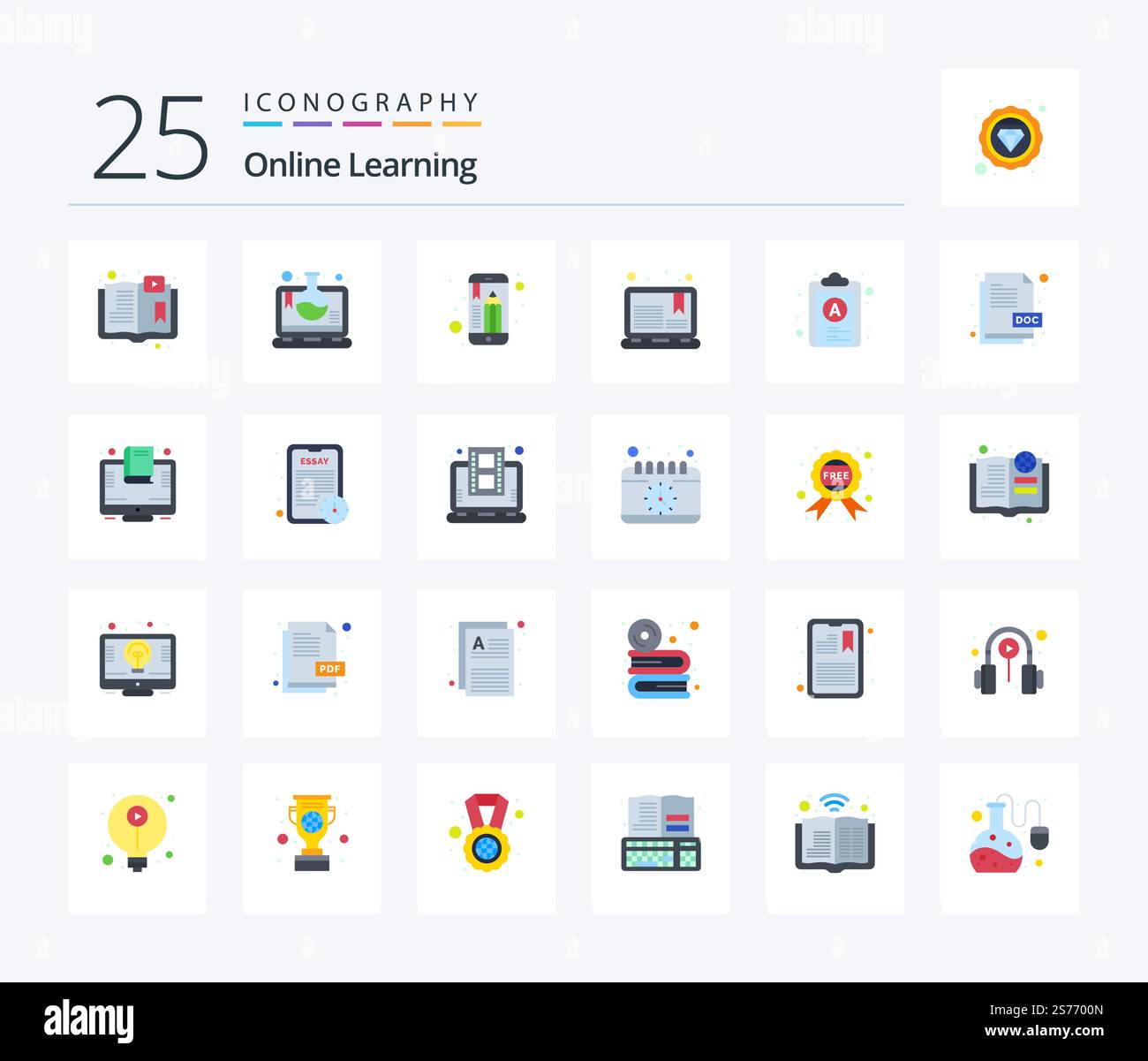 Online Learning 25 Flat Color icon pack including check list. note ...