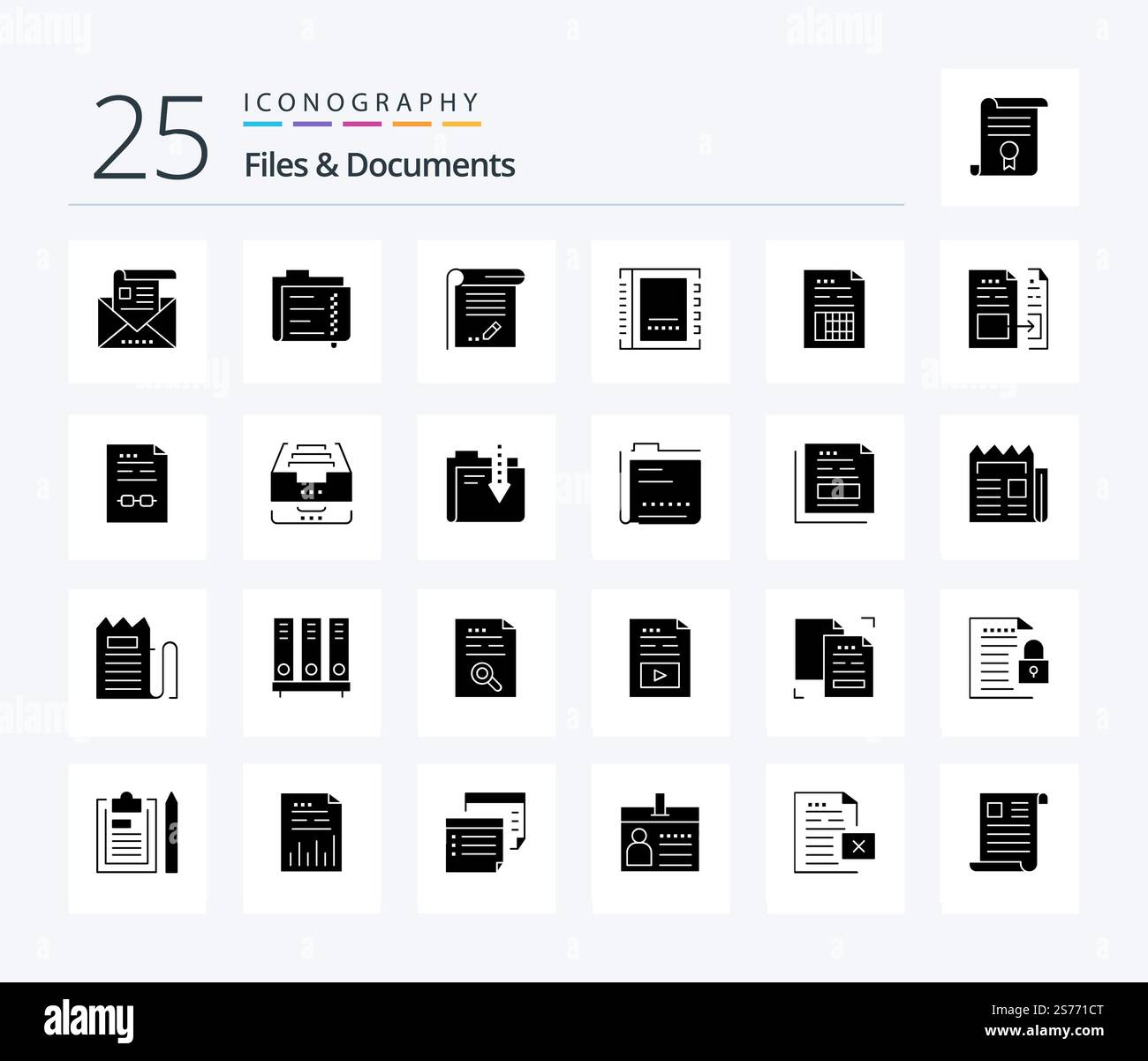 Files And Documents 25 Solid Glyph icon pack including contact. address ...
