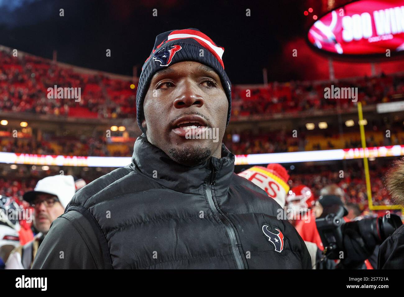 Kansas City, MO, USA. 18th Jan, 2025. Houston Texans head coach DeMeco ...