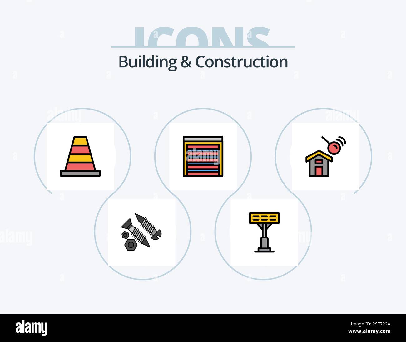 Building And Construction Line Filled Icon Pack 5 Icon Design. construction. stadium. pendulum ...