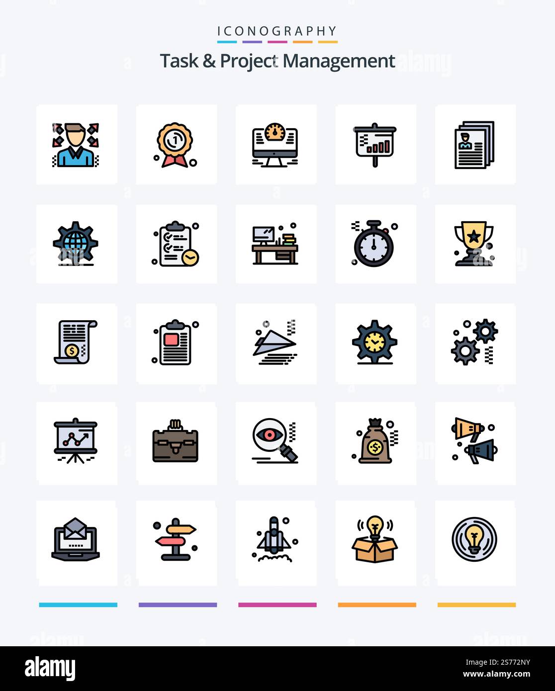 Creative Task And Project Management 25 Line FIlled icon pack Such As files. document. monitor ...