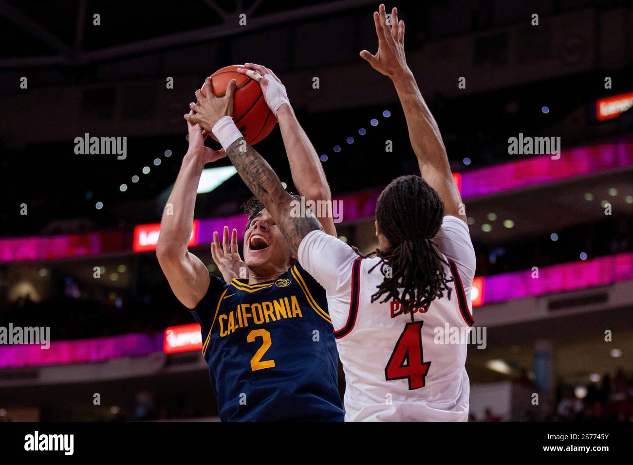 January 18, 2025: North Carolina State guard Breon Pass (4) blocks the ...