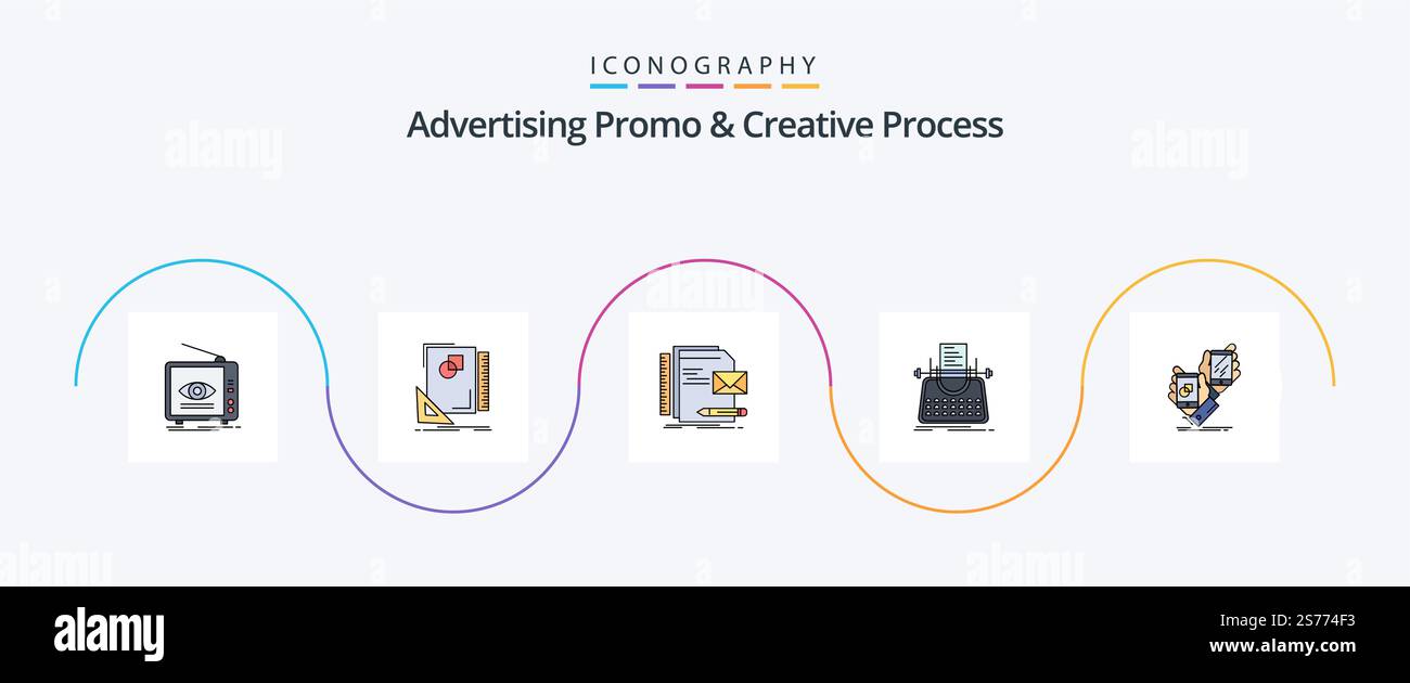 Advertising Promo And Creative Process Line Filled Flat 5 Icon Pack ...