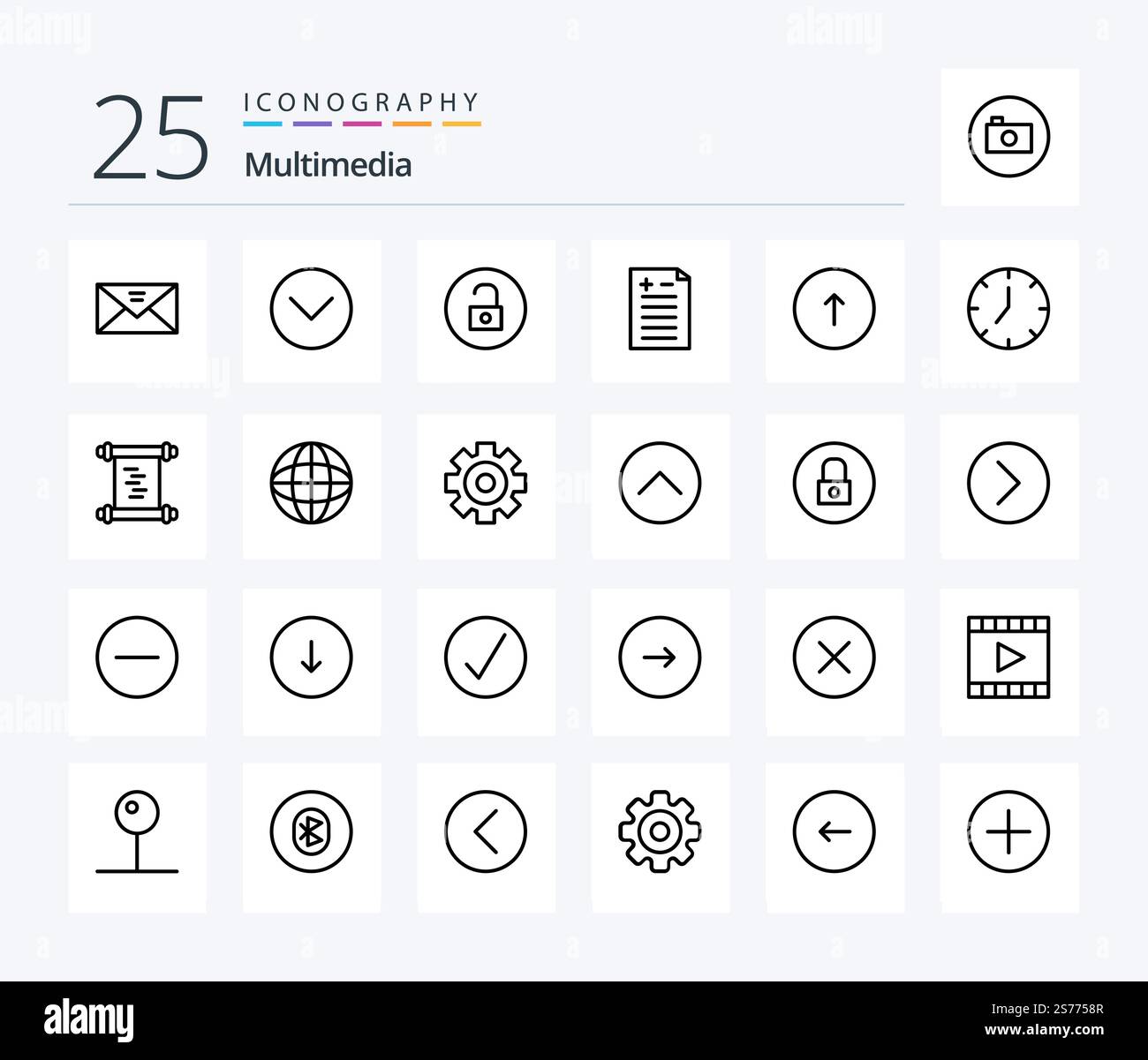 Multimedia 25 Line icon pack including browser. test. multimedia. pros ...