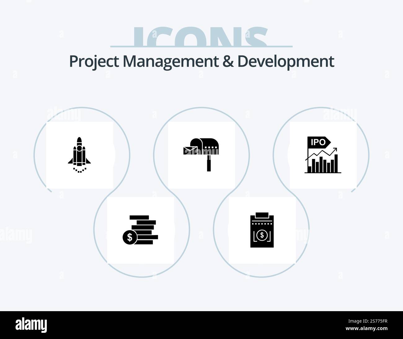 Project Management And Development Glyph Icon Pack 5 Icon Design. business. box. launch . mail ...