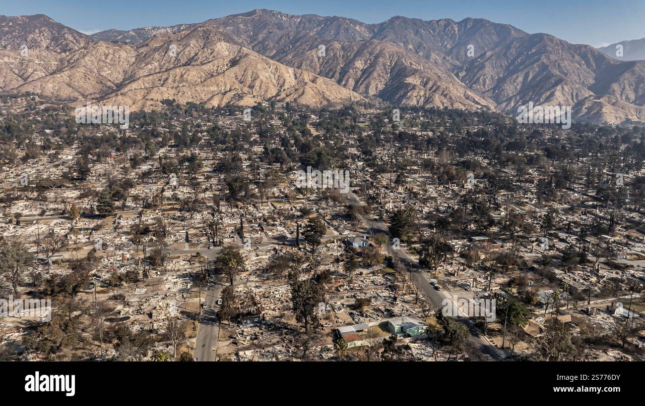 Drone view of the community of Altadena after the Eaton Fire destroyed ...