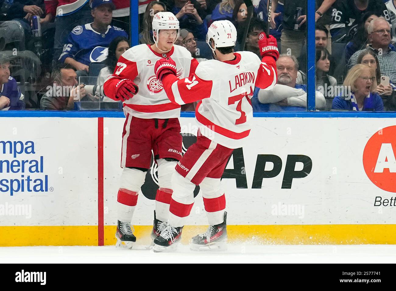 Detroit Red Wings left wing Lucas Raymond (23) celebrates his goal ...