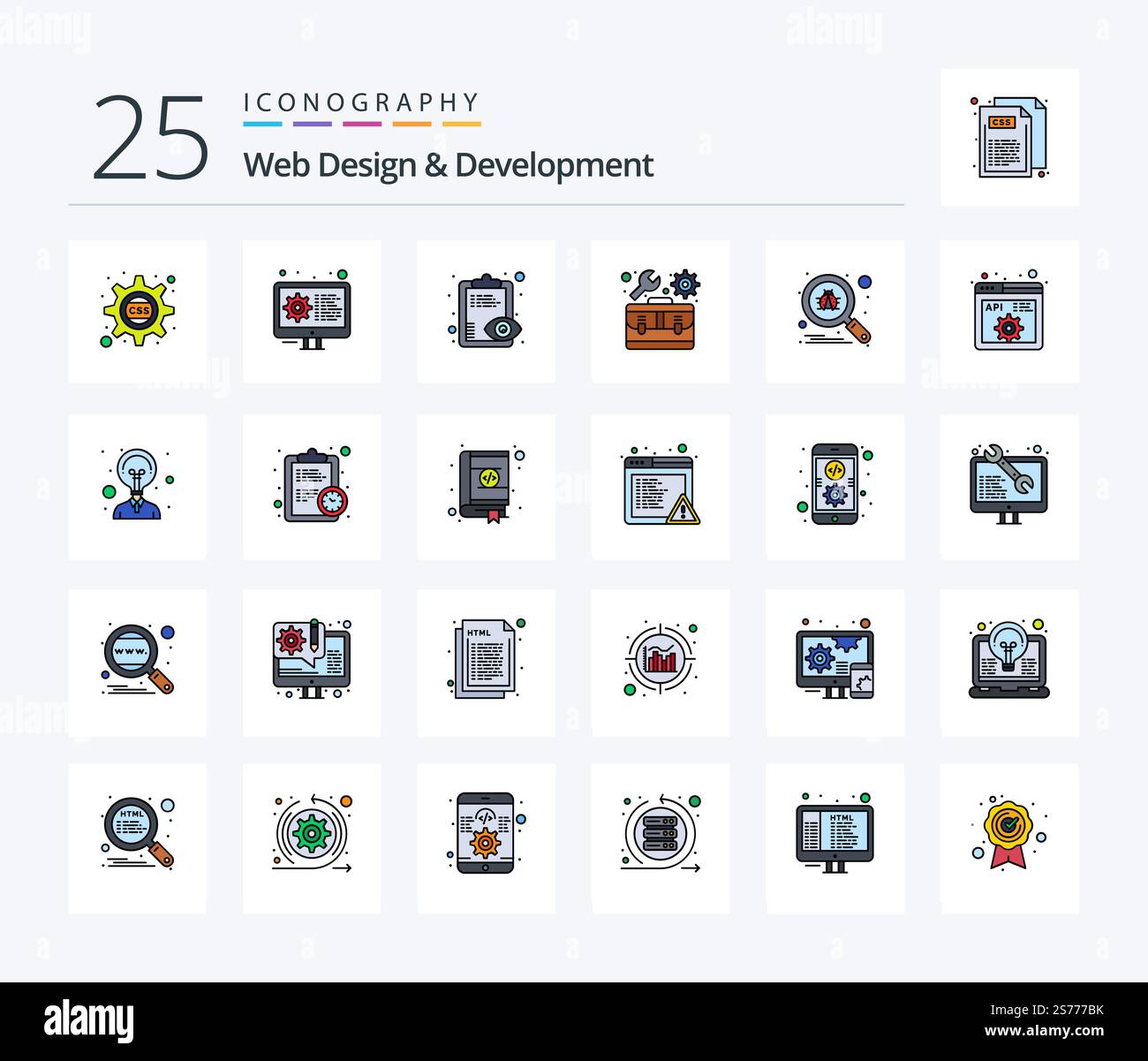 Web Design And Development 25 Line Filled icon pack including scan. settings. eye. toolbox. kit ...