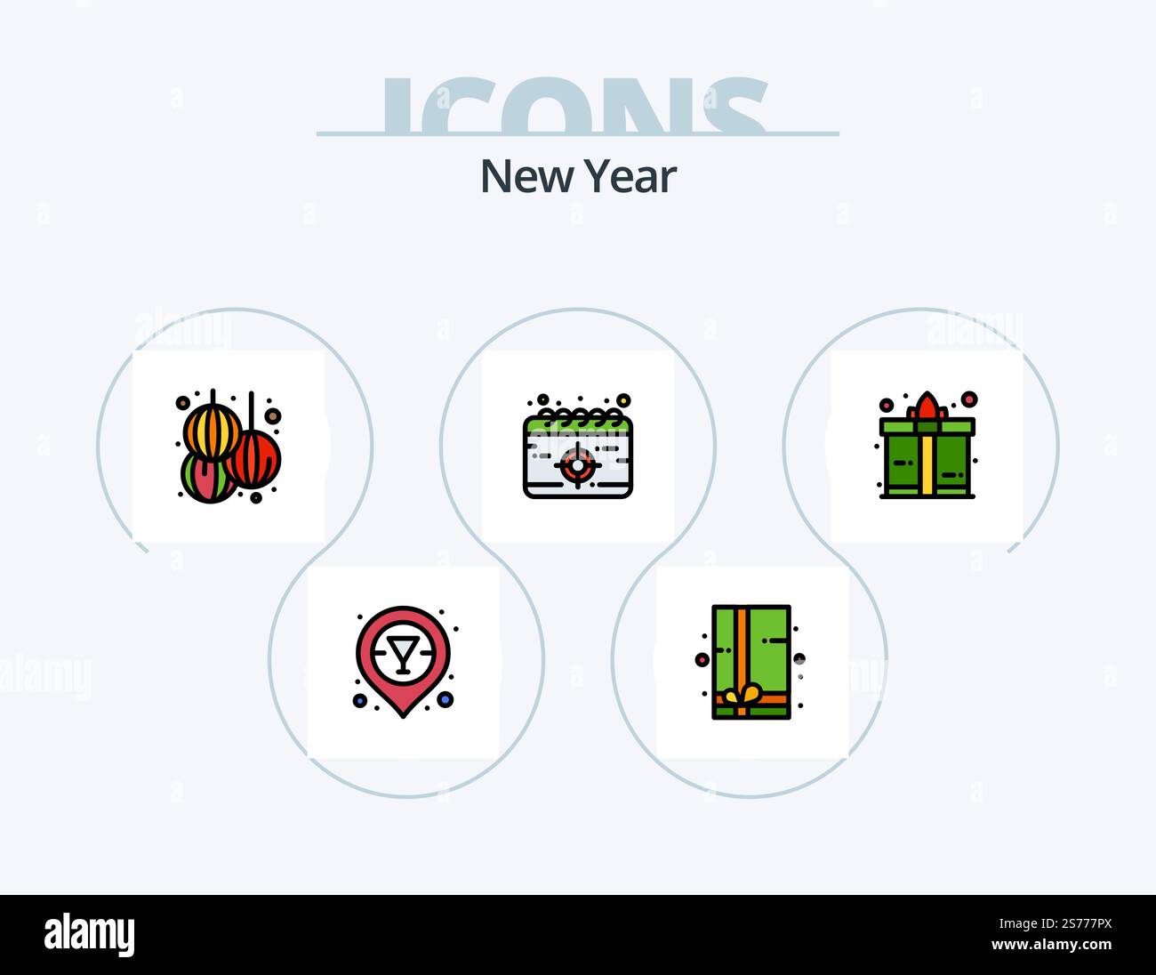 New Year Line Filled Icon Pack 5 Icon Design. lantern. vodka. box. liquor. surprise Stock Vector ...