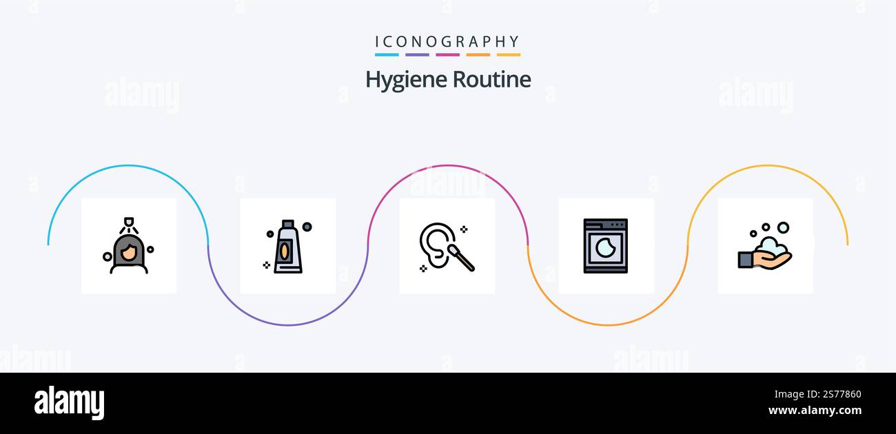 Hygiene Routine Line Filled Flat 5 Icon Pack Including soap. cleaning ...