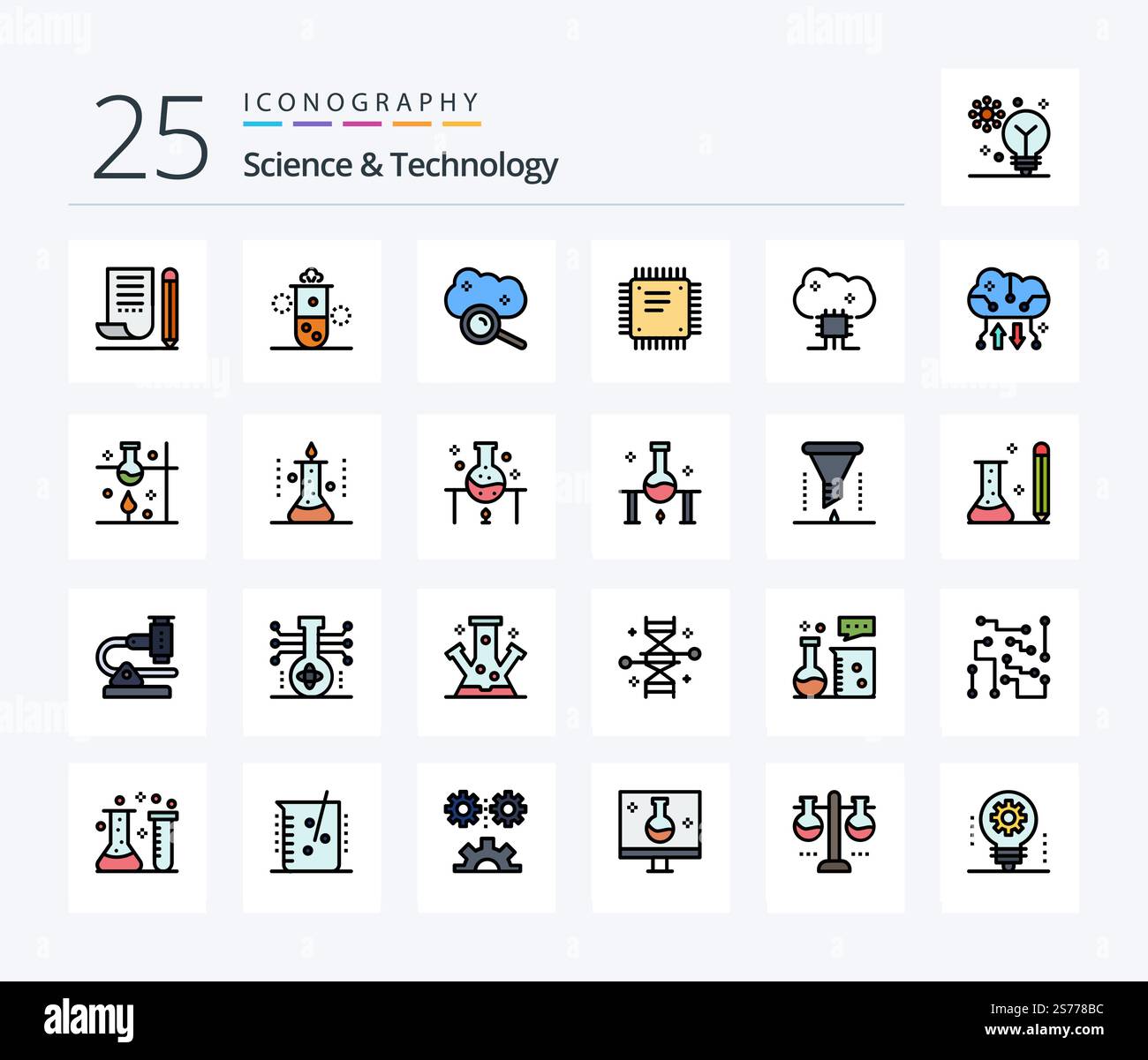 Science And Technology 25 Line Filled icon pack including cpu. chip. science. internet cloud ...