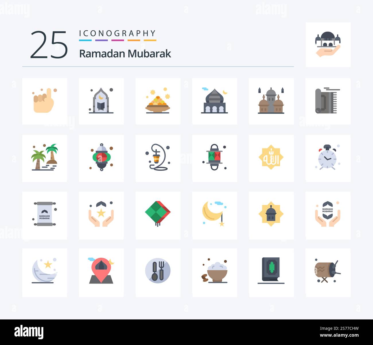Ramadan 25 Flat Color icon pack including moon. masjid. moon. mosque ...