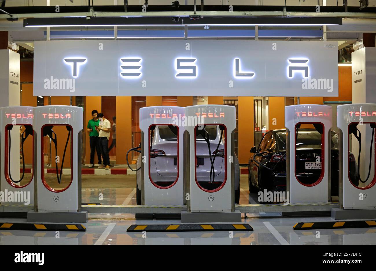 Bangkok, Thailand - February 17, 2023: Tesla electric cars are charged ...