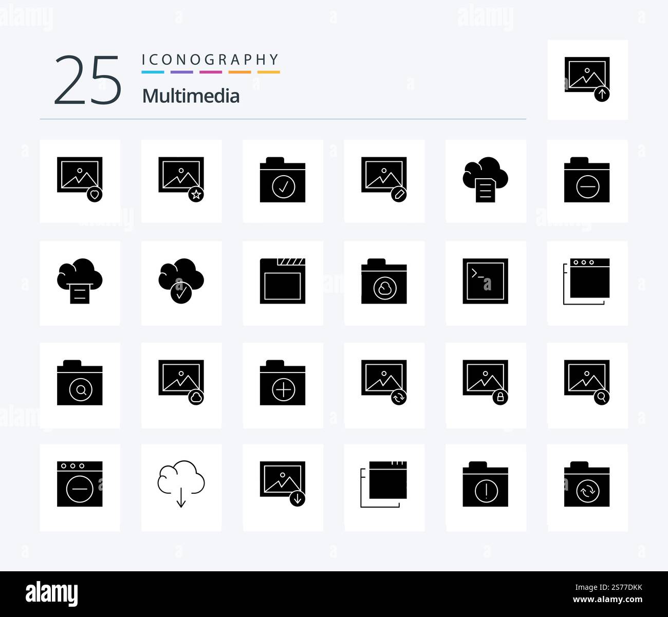 Multimedia 25 Solid Glyph icon pack including document. error. photo ...