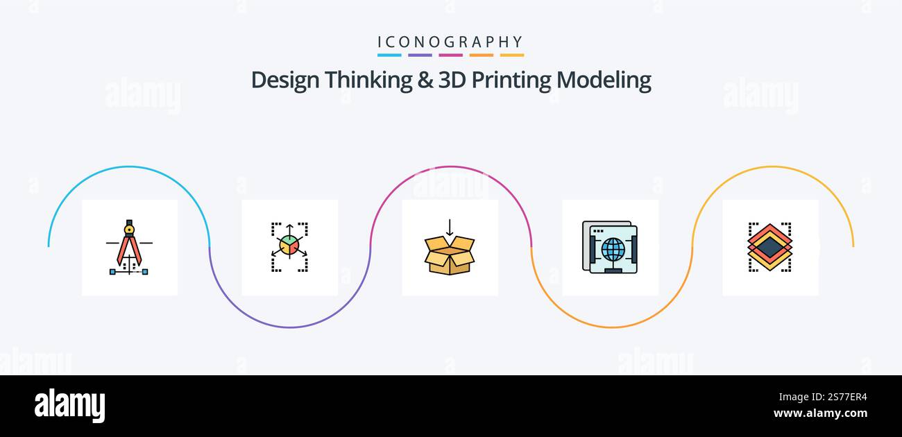 Design Thinking And D Printing Modeling Line Filled Flat 5 Icon Pack ...