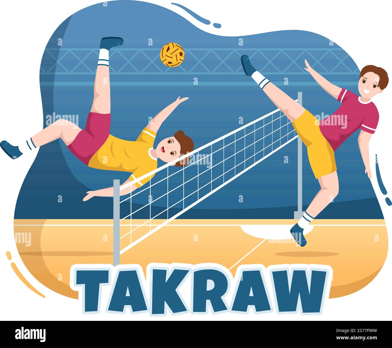 Sepak Takraw Illustration with Athlete Playing Kick Ball on Court in ...