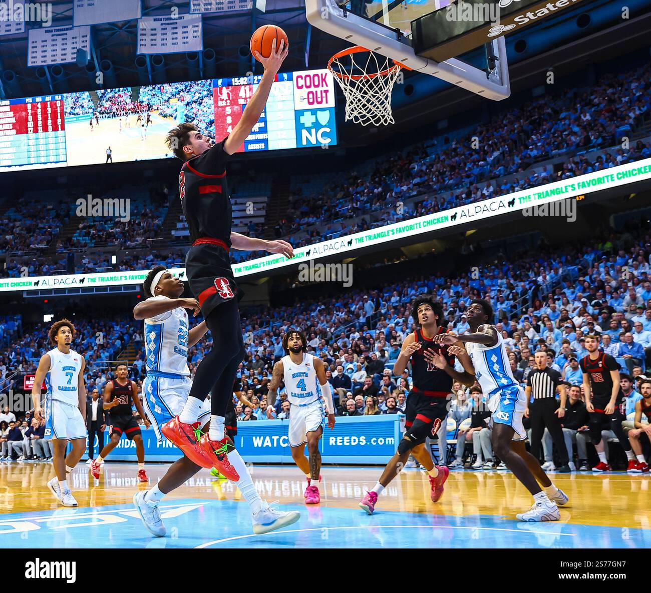 January 18, 2025: Stanford senior Maxime Raynaud (42) goes up for layup ...