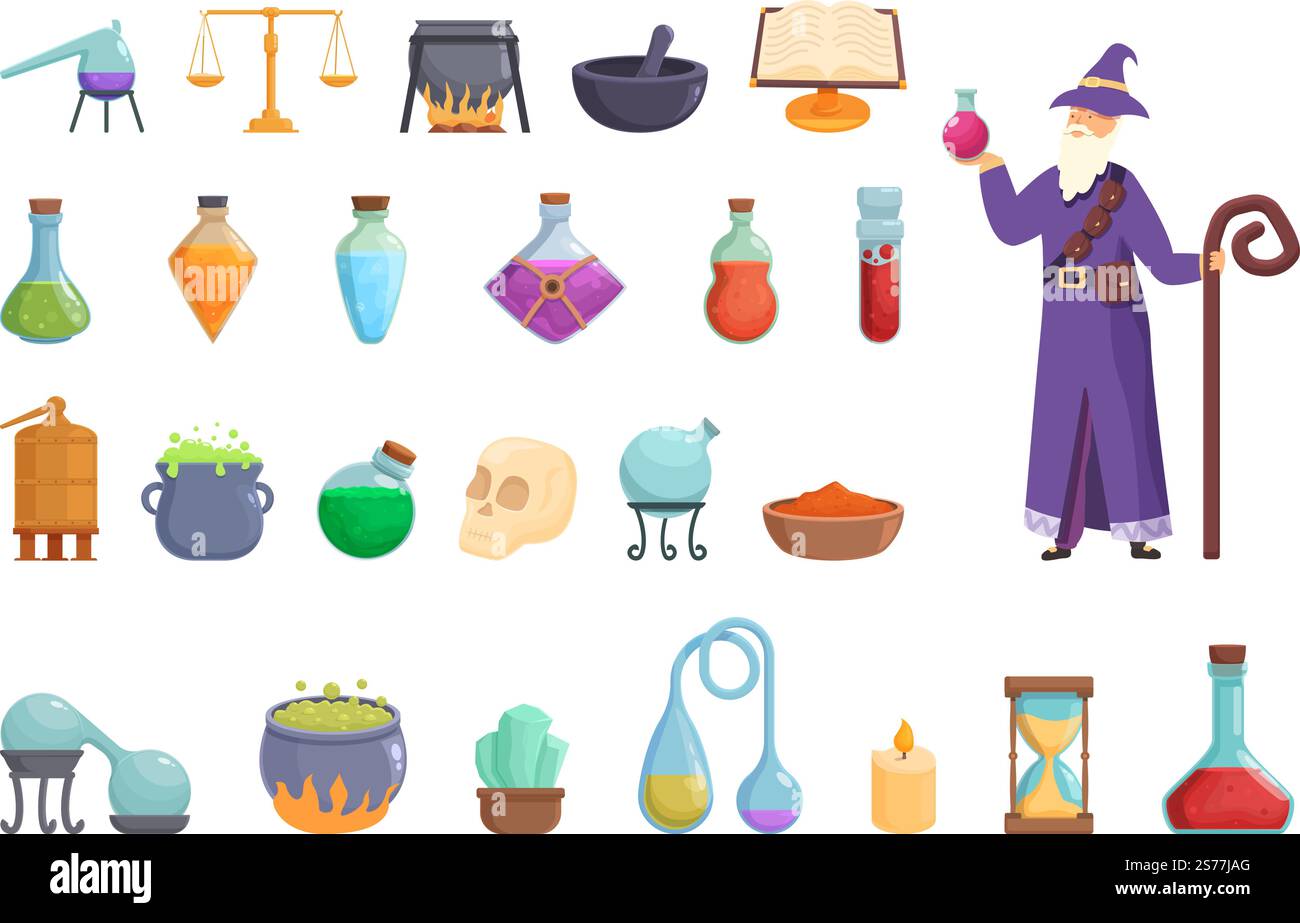 Alchemist icons set cartoon vector. Magic tool. Old fantasy. Alchemist ...