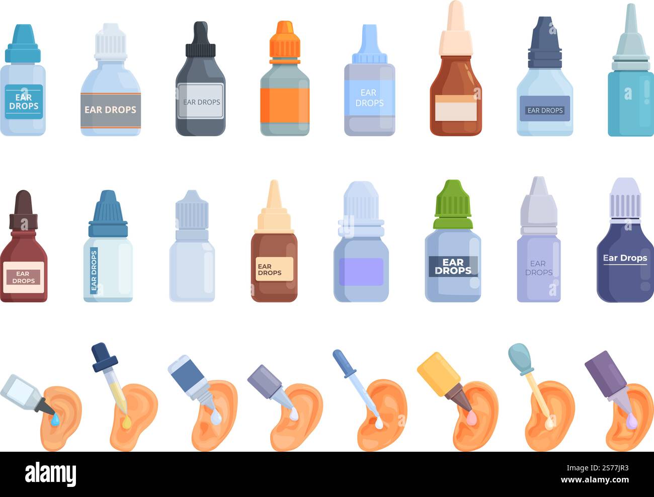 Ear drops icons set cartoon vector. Medicine bottle. Tube drops. Ear ...