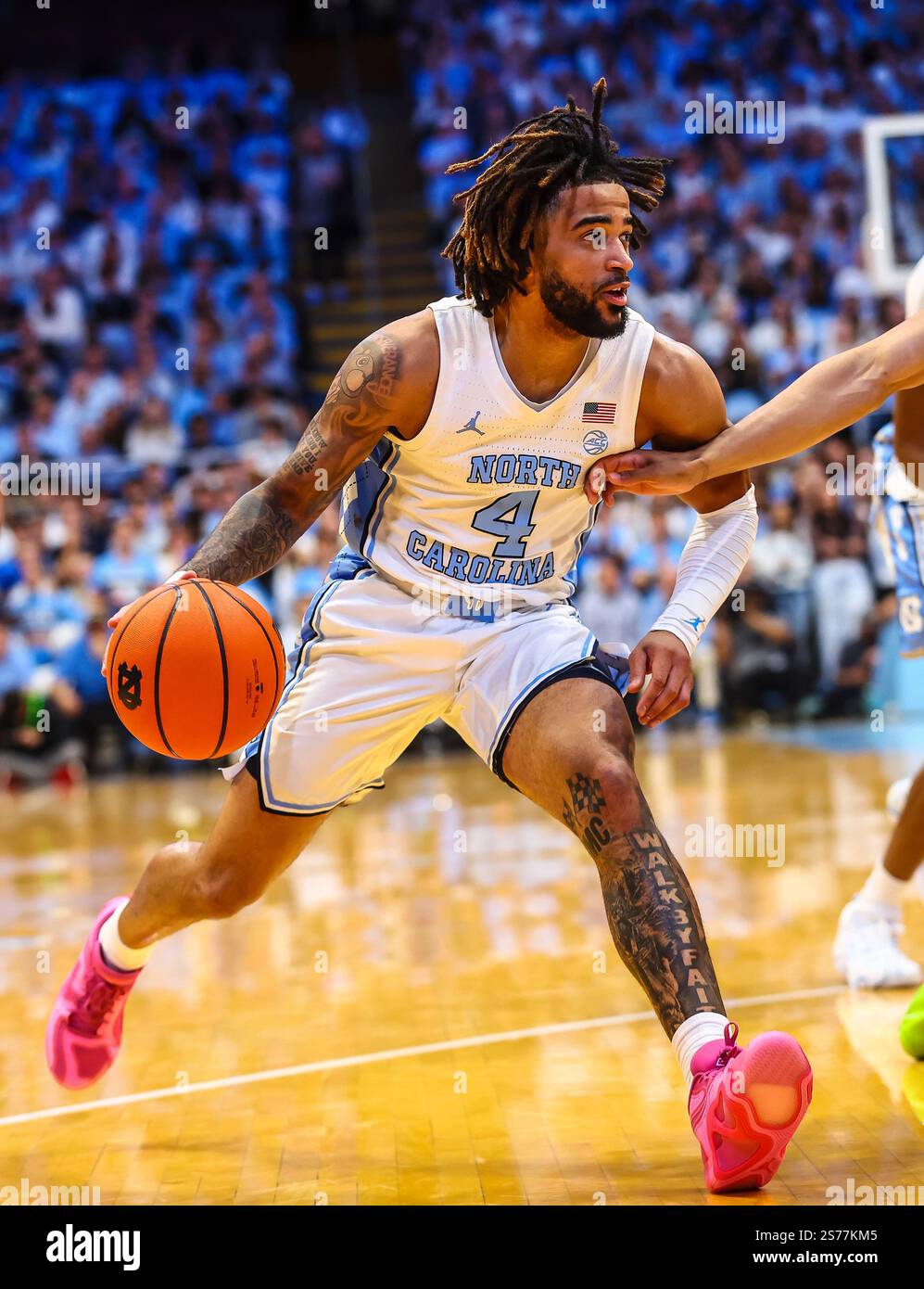 January 18, 2025: North Carolina senior RJ Davis (4) drives to basket ...