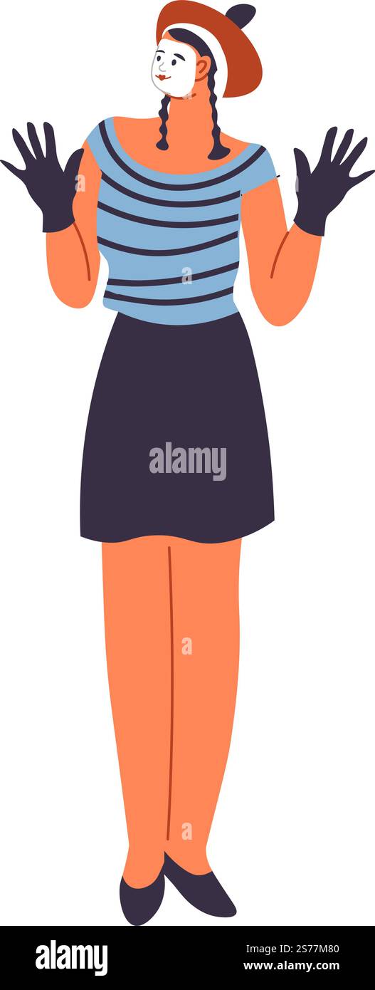Pantomimist female character wearing beret and outfit for comedy or ...