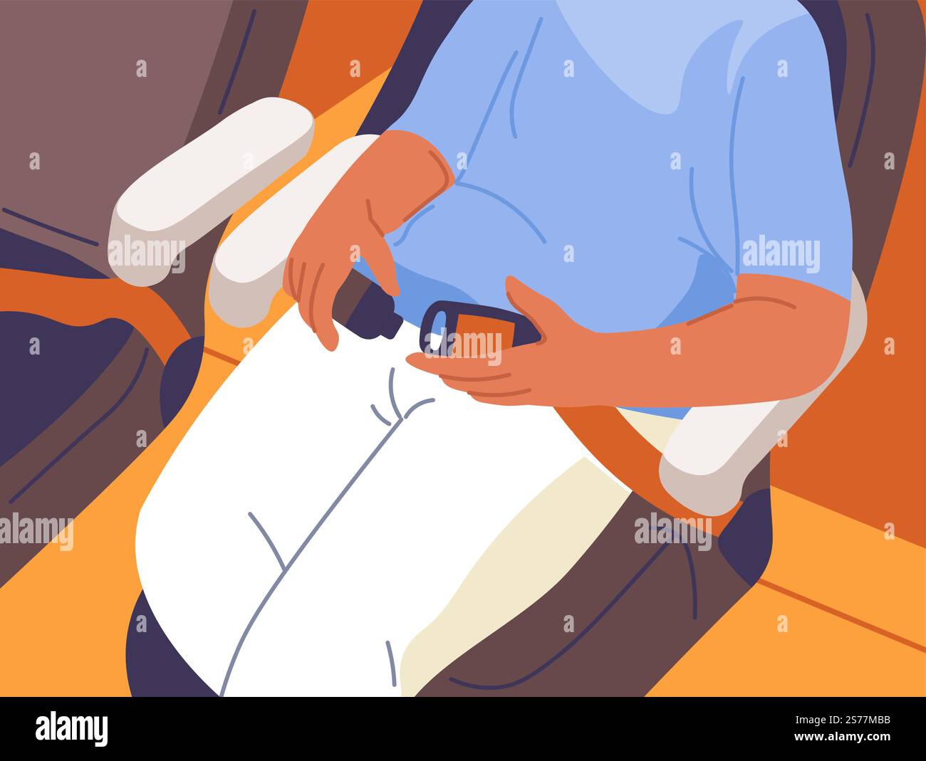 Traveling by plane, man passenger sitting in seat fastening belt for ...