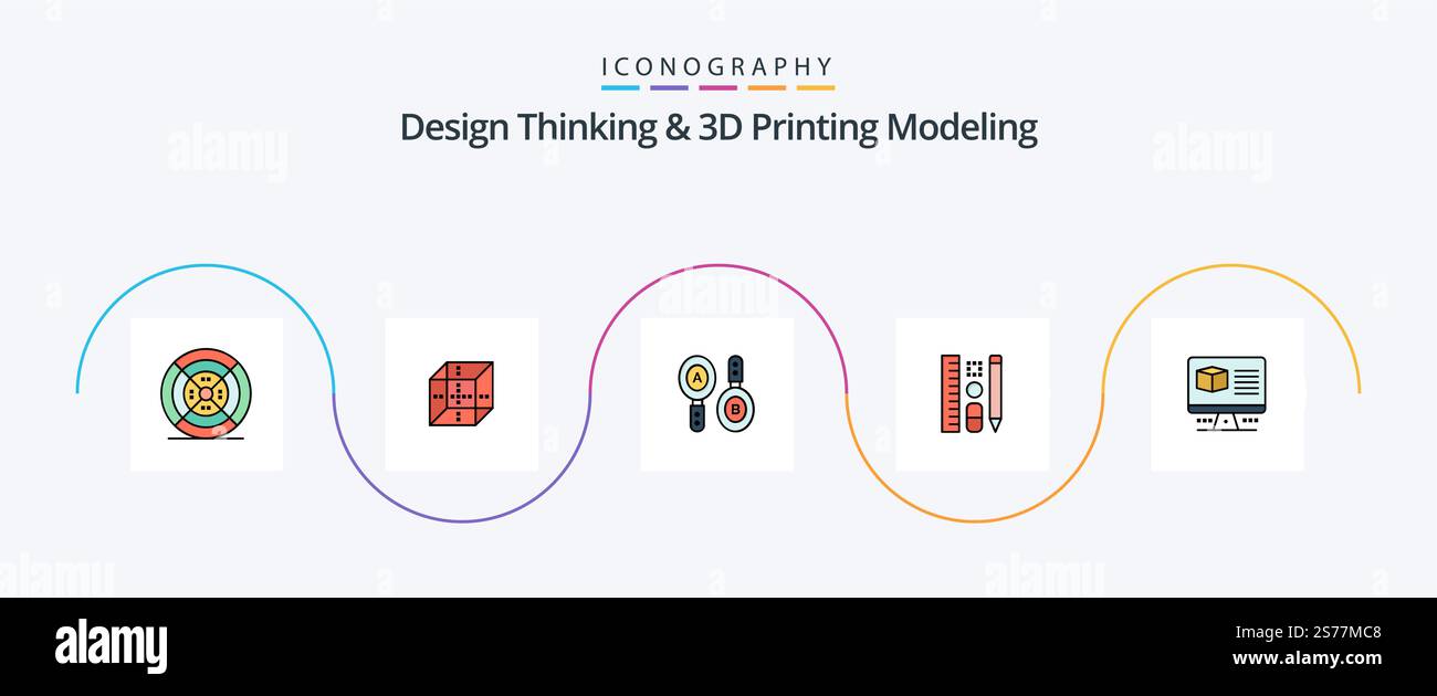 Design Thinking And D Printing Modeling Line Filled Flat 5 Icon Pack ...