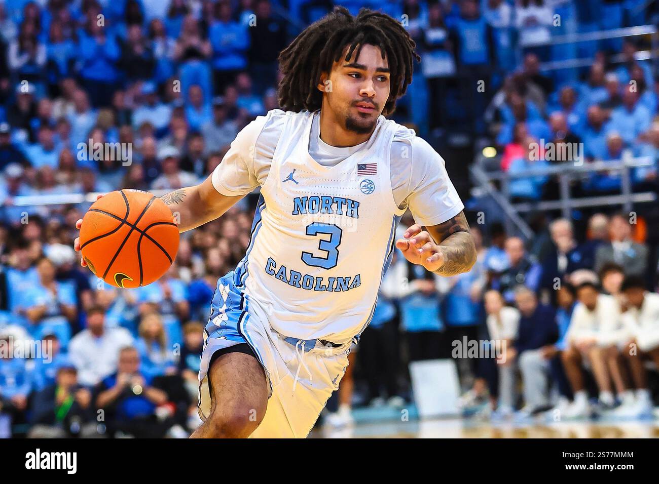 January 18, 2025: North Carolina sophomore Elliot Cadeau (3) dribbles ...