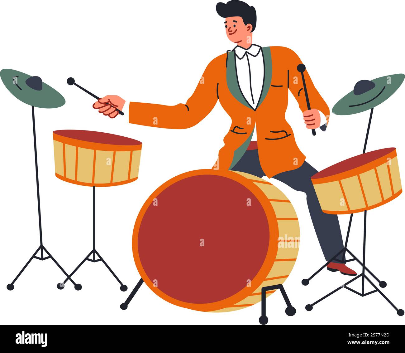Man personage playing drums in music man, isolated musician wearing ...